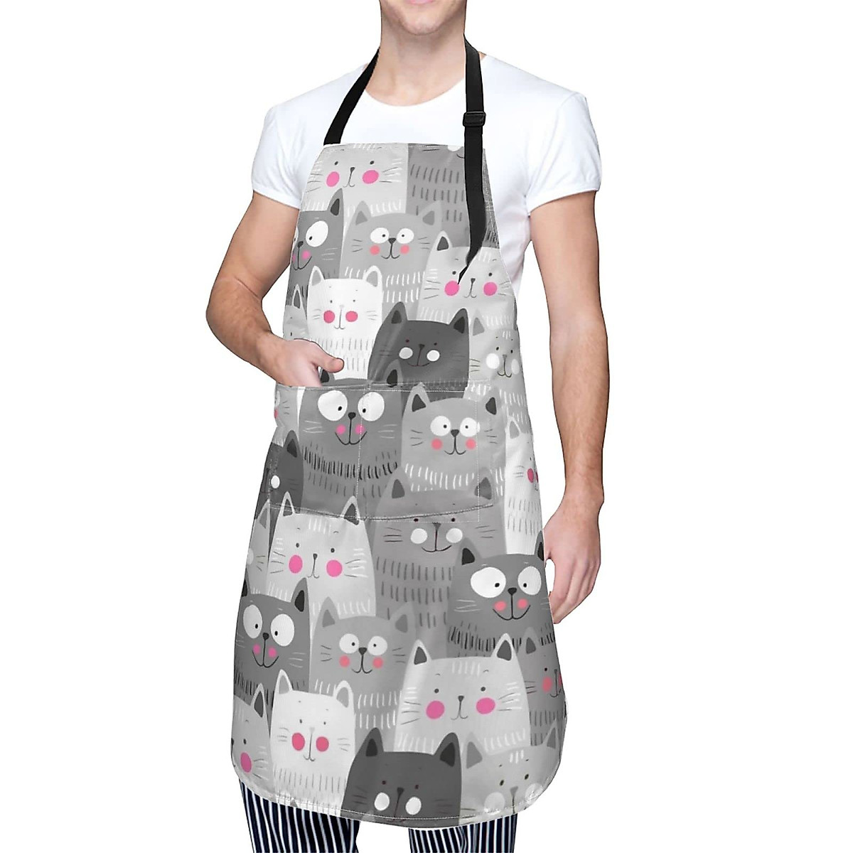 Nameapo Cartoon Kitty Cat Home Aprons 2 Pockets 33"×28" for Men Women, Cute Animal Gray Waterproof Crafting Restaurant Baking/BBQ Apron