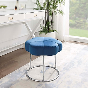Linon Siena Silver Base Upholstered Flower Shaped Vanity Stool in Navy Velvet