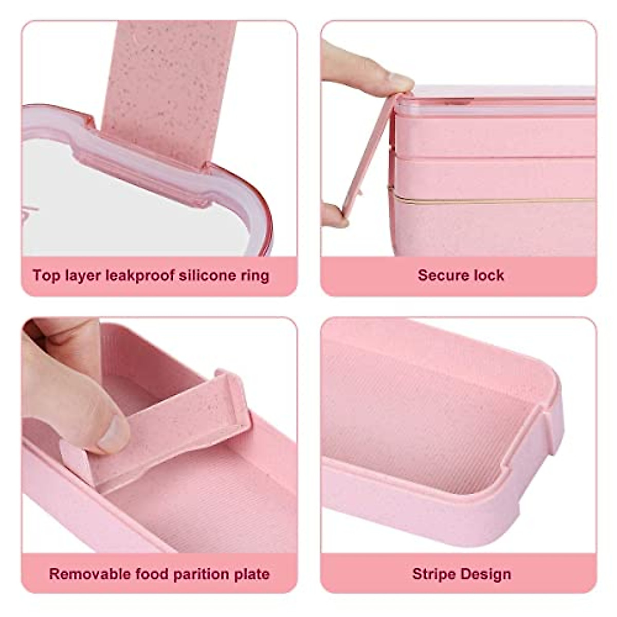 Bento Box Lunch Box for Adults Kids, AsFrost 3-In-1 Compartment Containers - Wheat Straw, Leakproof Eco-Friendly Bento Lunch Box Meal Prep Containers Microwave Safe (Pink)