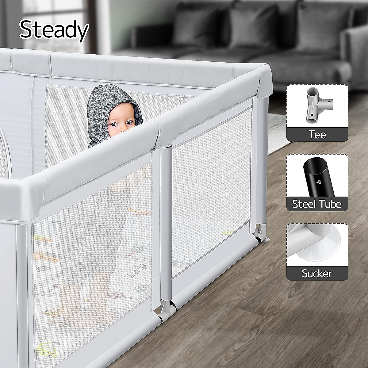 Baby Playpen with Mat, 79"x71" Extra Large Play Pens for Babies and Toddlers, Infants Playpen Gate Kids Safety Play Yard (Light Gray)