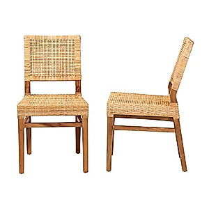 Baxton Studio Lesia Dining Chair Dining Chair Natural Brown Rattan and Walnut Brown Finished Wood 2-Piece Dining Chair Set