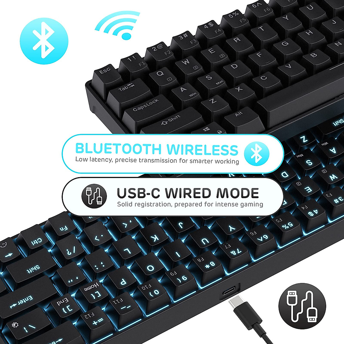 RK ROYAL KLUDGE RK68 Wireless Hot Swappable 65% Mechanical Keyboard, 68 Keys Compact BT5.0 Gaming Keyboard with Stand-Alone Arrow/Control Keys, Black, Quiet Red Switch