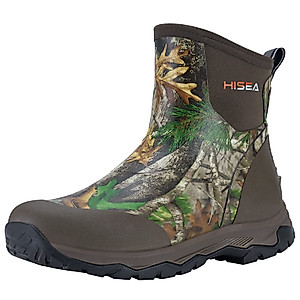 HISEA Excursion Pro Men's Rain Boots Ankle Height Rubber Neoprene Hunting Boots Waterproof Insulated Outdoor Mud Shoes for Hunting Gardening Farming Hiking Camping and Yard Working, Size 10 Camo