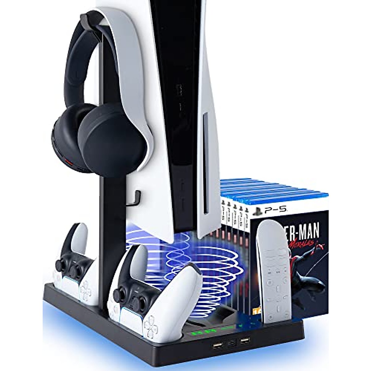 HAPROUND PS5 Vertical Stand with Cooling Fan and Dual Controller Charger - Indicator Lamps and 15 Game Slots, Fast Cooling Through Metal Base, PS5 Console Compatible