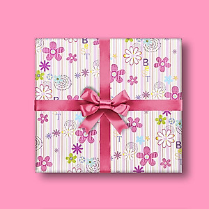 Little Flowers Floral Pink Wrapping Paper, Colorful Dasiy Flowers Print On The Striped Gift Wrap 4 Sheets For Kids Girls Boys Princess Wrapping Paper - Birthday Baby Shower Wedding Mother's Day and