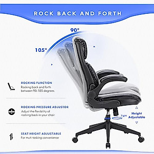 COLAMY Ergonomic Office Chair, Executive Desk Chair, Leather Office Chair with Padded Flip-up Arms, Adjustable Height Swivel Rolling Work Chair-Black