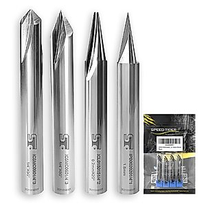 SPEED TIGER Carving Router Bit Set - ICARVE 60° & 90° V Groove, 15° Detail Carving Liner, 20° Flat Tip Profile Bit (4 Pieces) – Mill Bits Sets for DIYers & Professionals