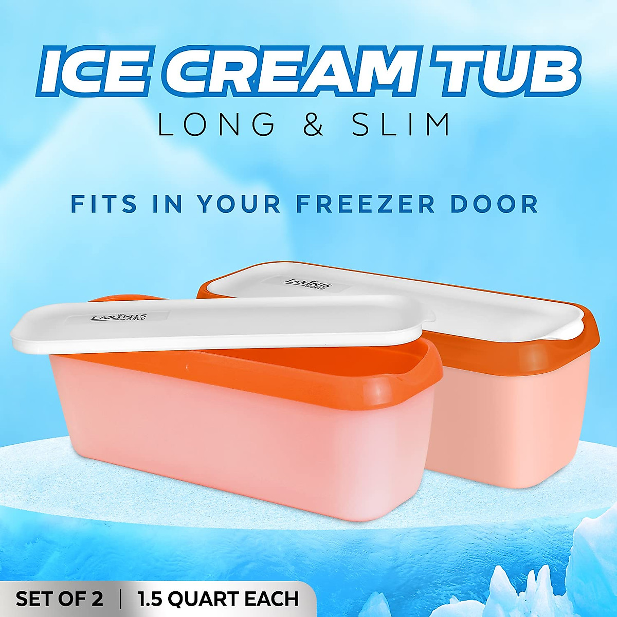 Laxinis World Ice Cream Containers – Pack of 2 Ice Cream Plastic Containers with lids, 1.5 Quarts, Reusable, with Non-slip Base (Orange)
