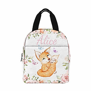 InterestPrint Custom Text Lunch Bag Cute Fox And Rabbit Personalized Name Lunchbox Tote Bag Gift for Daughter Niece Granddaughter Birthday