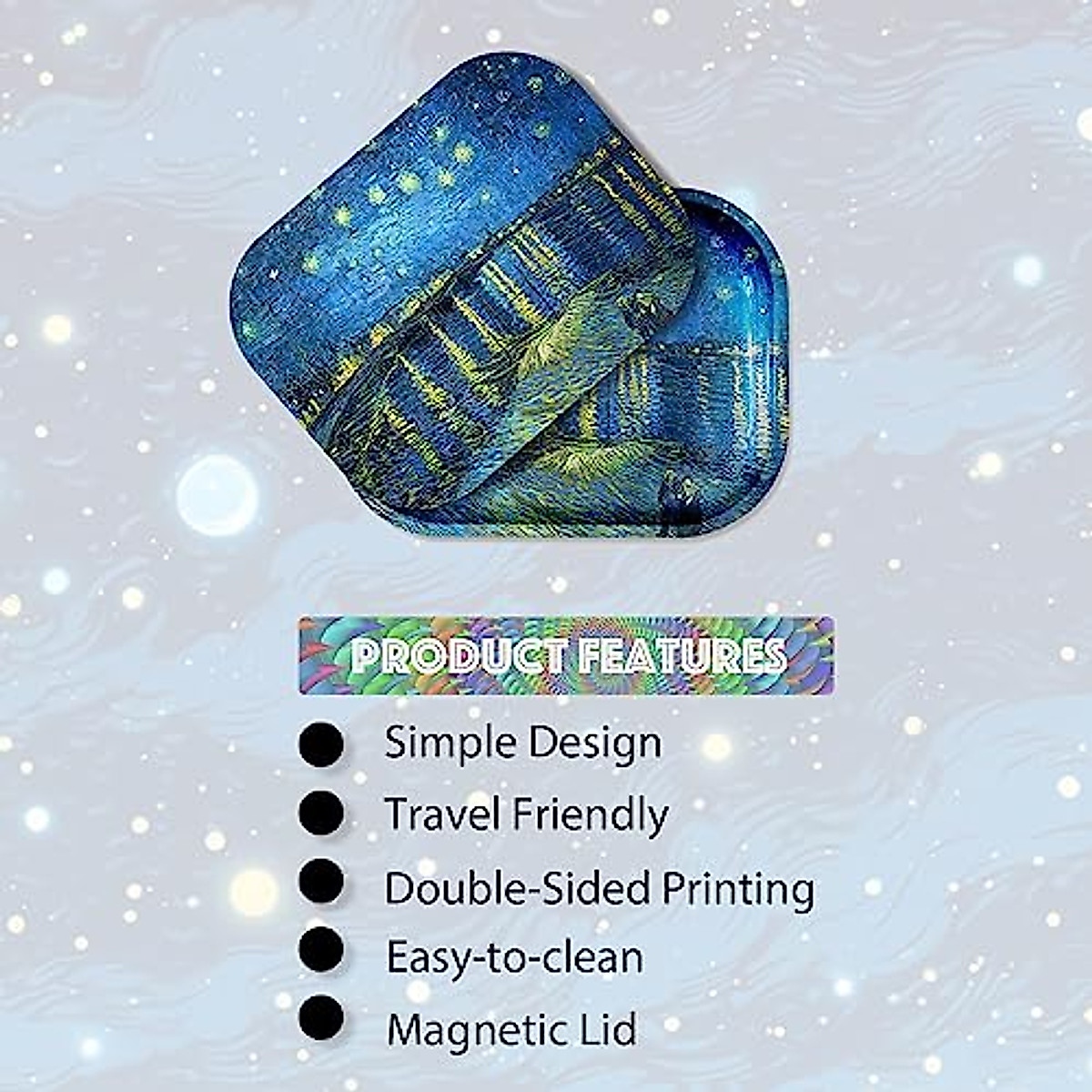 Rolling Tray with Magnetic Lid,Smooth Rounded Edges Double-Sided Printing with Van Gogh Art Premium Metal Small Tray,Perfect Storage for Home Or On-The-go-7" X 5.5" (Van Gogh Art)