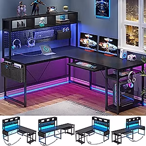 SEDETA L Shaped Gaming Desk, Reversible Computer Desk with Power Outlet and Pegboard, Gaming Desk with Led Lights, Keyboard Tray and Storage Bag for Home Office, Black