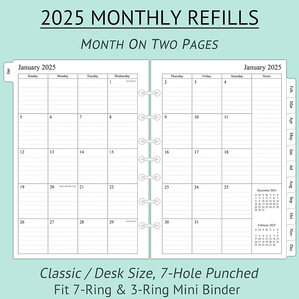 2023 Monthly Planner Refill 5-1/2" x 8-1/4", 12 Months from January 2023 to December 2023, Two Pages Per Month, Ruled Box, Desk Size 4, 7-Hole Punched