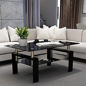 IANIYA Clear Glass Coffee Table Metal Tube (All-Black)
