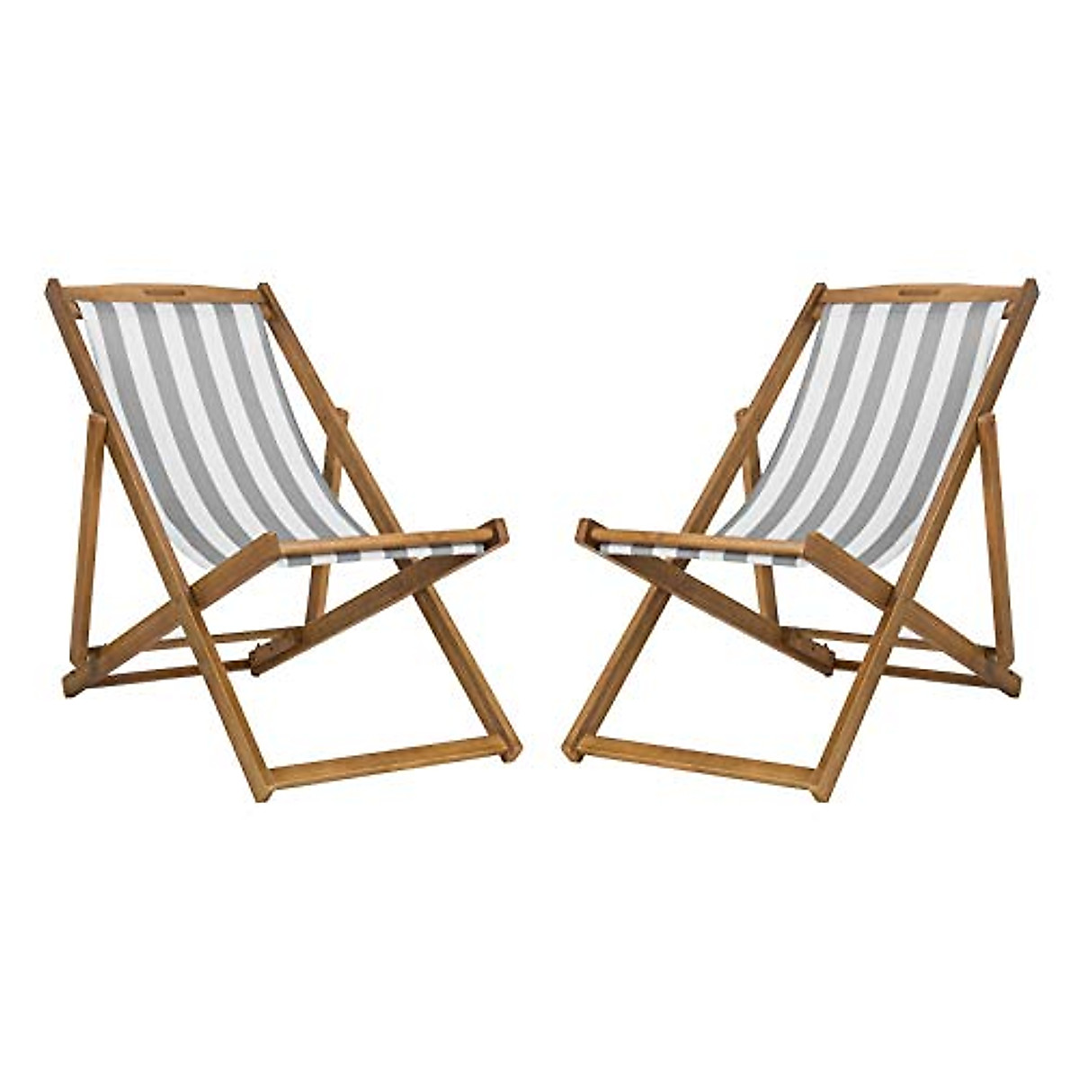 Safavieh PAT7040B-SET2 Outdoor Collection Loren Teak, White Foldable Sling Adirondack Chair, Natural/Grey Stripe