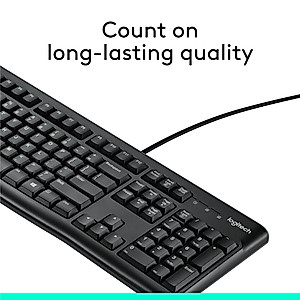 Logitech K120 Wired Keyboard for Windows, Plug and Play, Full-Size, Spill-Resistant, Curved Space Bar, Compatible with PC, Laptop - Black