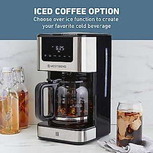 West Bend Drip Coffee Maker Brews Hot or Iced, Programmable with Brew Strength Selector Auto Shut-Off and 6 Functions Permanent Mesh Filter and Glass Carafe, 12-Cup, Metallic,Silver