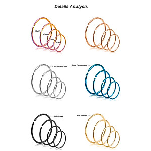 REVOLIA 24Pcs 22G 316L Stainless Steel Nose Rings Hoop Cartilage Ear Septum Piercings 6-12mm