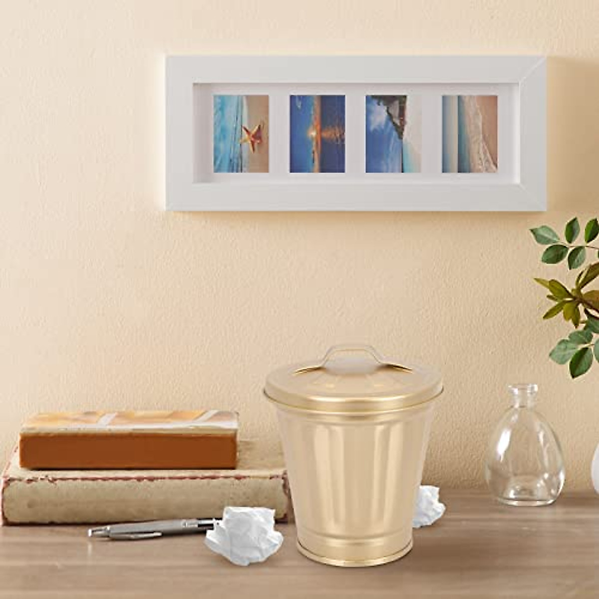 TOPBATHY 2 Pcs Mini Trash Can Metal Garbage Can with Lid Pencil Cup Holder Desktop Wastebasket Galvanized Garbage Holder Flower Buckets for Home Kitchen Office Decor