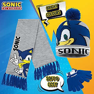 Sonic The Hedgehog Beanie Hat Scarf and Gloves Set for Boys (Multicolour- 3 Pieces)