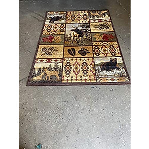 Cabin Style Distressed Antiquated Area Rug Black Bear Elk Deer Wildlife Animal Country Hunting Southwest Wilderness Design 760 (5 Feet X 7 Feet)