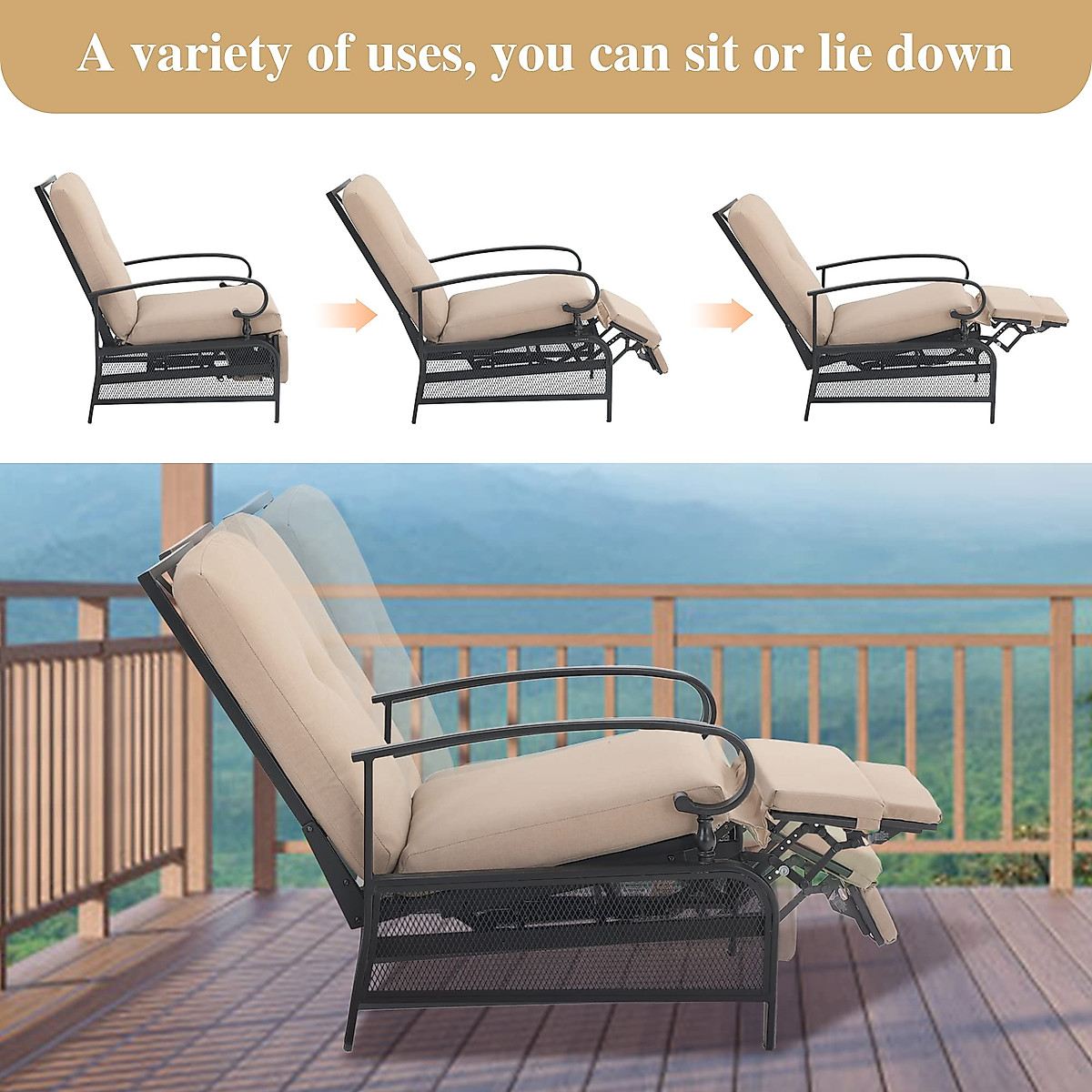 PHI VILLA Outdoor Recliner Chair for Patio, Oversized Patio Metal Chaise Lounge Chair Zero Gravity with Removable Beige Cushion for Garden, Poolside, Lawn