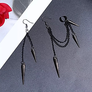 Black Spike Asymmetric Threader Drop Dangle Earrings for Women Men Teen Girls Boys Punk Personalized Cartilage No Pierced Cuff Long Chain Fish Hook Piercing Hanging Earrings for Boyfriend Daughter Son