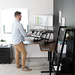 VIVO Black Electric Corner Height Adjustable 43 inch Cubicle Standing Desk Converter, Quick Sit to Stand Tabletop Dual Monitor Riser, DESK-V000VCE
