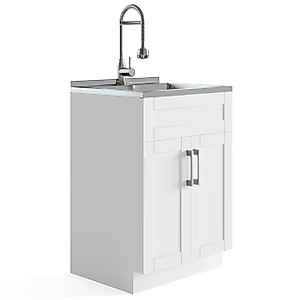 SIMPLIHOME Hennessy Contemporary 24 Inch Deluxe Laundry Cabinet with Faucet and Stainless Steel Sink in Pure White, For the Laundry Room and Utility Room