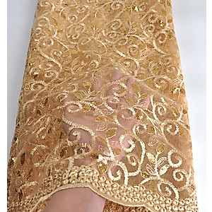 SanVera17 African Lace Net Fabrics Nigerian French Fabric Embroidered and Sequins Leaves for Party Wedding 5 Yards (Gold)