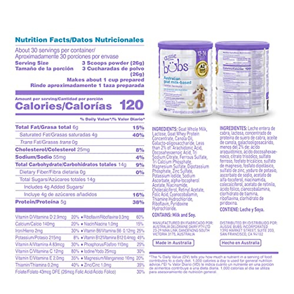 Aussie Bubs Australian Goat Milk-Based Toddler Formula, For Kids 12-36 months, Made with Fresh Goat Milk, 28.2 oz