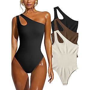 OQQ Women's 3 Piece Sexy Ribbed Sleeveless One Shoulder Tank Top Exercise BodySuit, Black Coffee Beige, Large