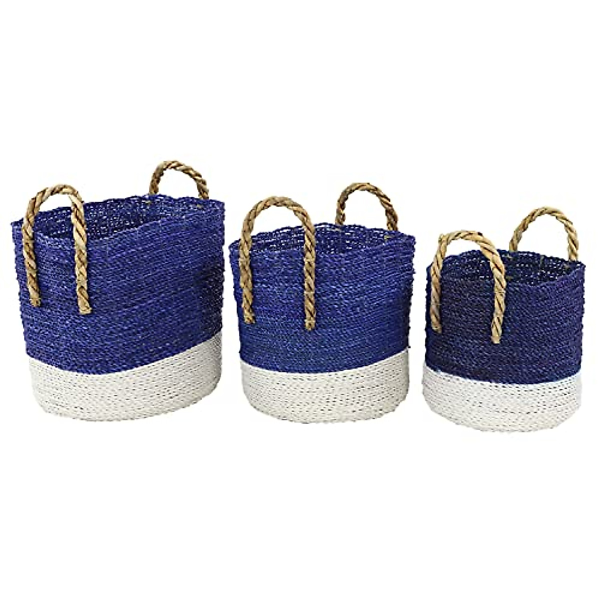 Deco 79 Seagrass Handmade Two Toned Storage Basket with Handles, Set of 3 17", 15", 13"W, Blue