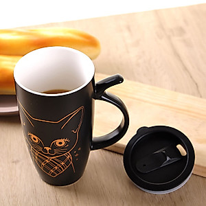 WHJY 20oz Large Black Cute Cat Ceramic Coffee Mug Cup with Splash-proof Lid, Cat Tail Shape Handle, Animal Cat Mug Tumbler (black)