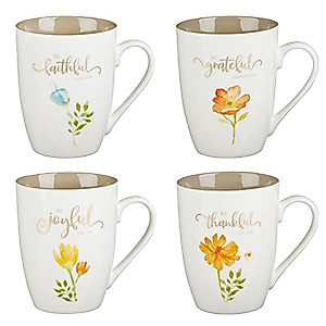 Christian Art Gifts Ceramic Coffee or Tea Mug Set for Women, Be Grateful, Faithful, Thankful, Joyful Bible Verse Mug Set, Boxed Set of 4 Coffee Cups
