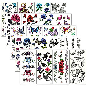 Lady Up Temporary Tattoos Stickers 20 Sheets Body Art Flowers, Roses, Butterflies Tattoo for Women, Mixed Style and Multi-Colored Waterproof 90×190mm