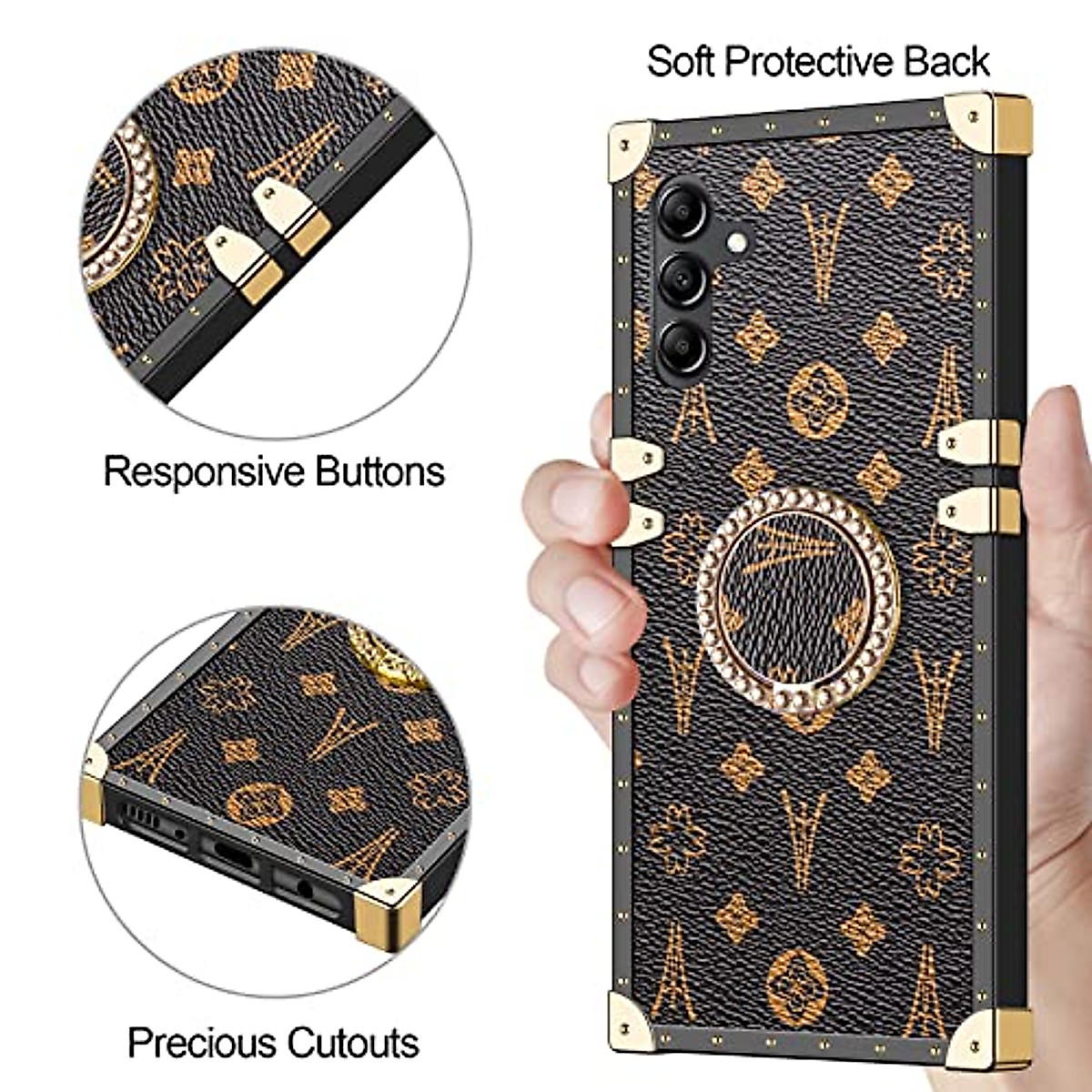 WOLLONY for Samsung Galaxy A14 5G Luxury Leather Case with Ring Stand Metal Edge Drop Protection Classic Square Case Soft TPU Slim Retro Cover for Women Girls Designed for Galaxy A14 5G Brown