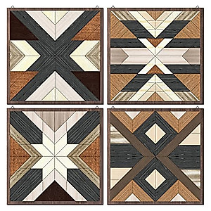 Qunclay 4 Pieces Wood Wall Art Wooden Aztec Wall Decor Boho Western Wall Decor Diamond Sign Farmhouse Home Wall Art Prints on Wood for Apartment Bedroom Living Room, 11.8 x 11.8 Inches