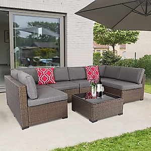 JSUN7 7 Pieces Patio Couch Outdoor Furniture Sets PE Golden Brown Rattan Sectional Conversation Sofa Set Washable Cushions with Glass Coffee Table(Dark Gray)