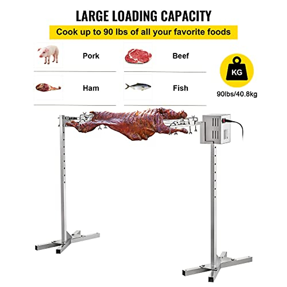 VBENLEM 46'' Electric BBQ Rotisserie Grill Kit，Max Capacity 90 LB ,Automatic 32W Motor and Height Adjustable Stainless Steel Roaster Stand for Pig Rotisserie Hog Lamb Outdoor Party Campfire Barbecue