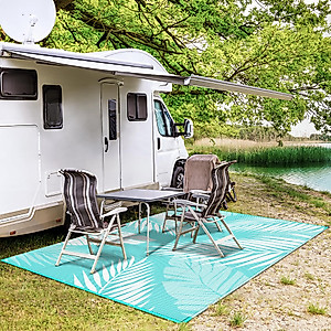 GENIMO Outdoor Rug for Patios Clearance, 5'x8' Reversible Tropical Outdoor Decor Area Rugs,Plastic Straw Waterproof Carpet, Camping Mat for Rv, Porch, Deck, Camper, Balcony, White & Grey