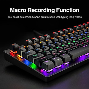 Rii RK908 Mechanical Gaming Keyboard RGB LED Rainbow Backlit Wired Compact Keyboard with Blue Switches 87 Keys for Windows PC Gaming