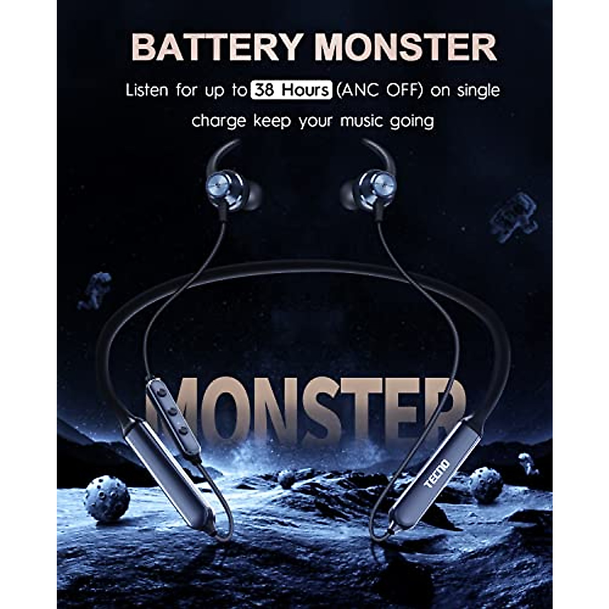 Tecno Wireless Active Noise Cancelling Bluetooth Headphones with Microphone, 38HRS Playtime Neckband Bluetooth Headphones, Earbuds Bluetooth 5.1 with Magnetic, B1-PRO