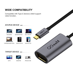 USB C to DisplayPort Adapter,QGeeM 4K@60HZ Thunderbolt 3 to Displayport Cable Compatible with MacBook Pro 2019/2018,ipad pro 2018,Surface Book,Dell XPS,Sumsang Galaxy S10 Note 9 Dex,USB C to DP Cable