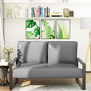 DKLGG Mid-Century Loveseats Sofa Couch, Faux Solid Leather Loveseat Sofa, Upholstered Faux Leather Couch 2-Seat Metal Armchair, Lounge Accent Chair for Living Room, Small Space, Studio, Apartment