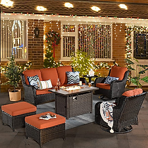 Patio Furniture Set 7 Pieces Swivel Rocking Chairs with 50,000 BTU Propane Fire Pit Table Outdoor Wicker Conversation Sofa Couch and Matching Side Table and Ottomans,Brown Wicker Orange Red