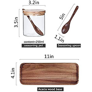 Hovico Condiment Container Seasoning Box Set, with Wooden Spoon Lid and Base, Salt Sugar Spice Pepper Condiment Container Jar Set of 3