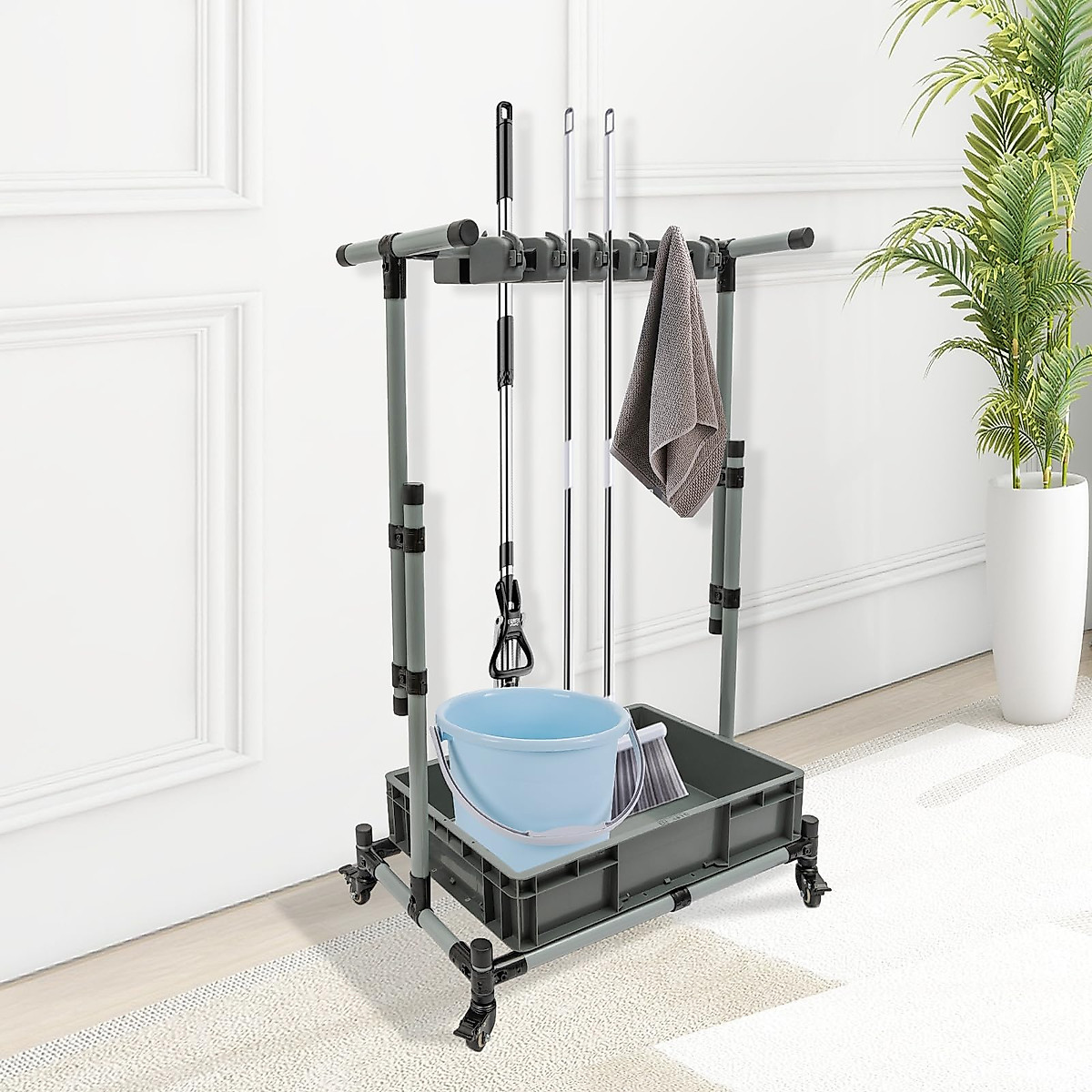 Movable Mop Broom Holder, Floor Mounted Cleaning Tool Cart with Wheels, 10 Slots with Hooks, Height Adjustable Cleaning Supplies Organizer Janitor Carts, Housekeeping Station Storage Tools