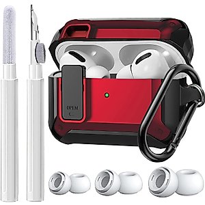 Olytop for Airpods Pro/Pro 2 Gen Case Cover (2023/2022/2019), Secure Lock Clip Shockproof AirPod Pro 2nd/1st Generation Hard Protective Skin Case with Cleaner Kit & Replacement Ear Tips, Black/Red