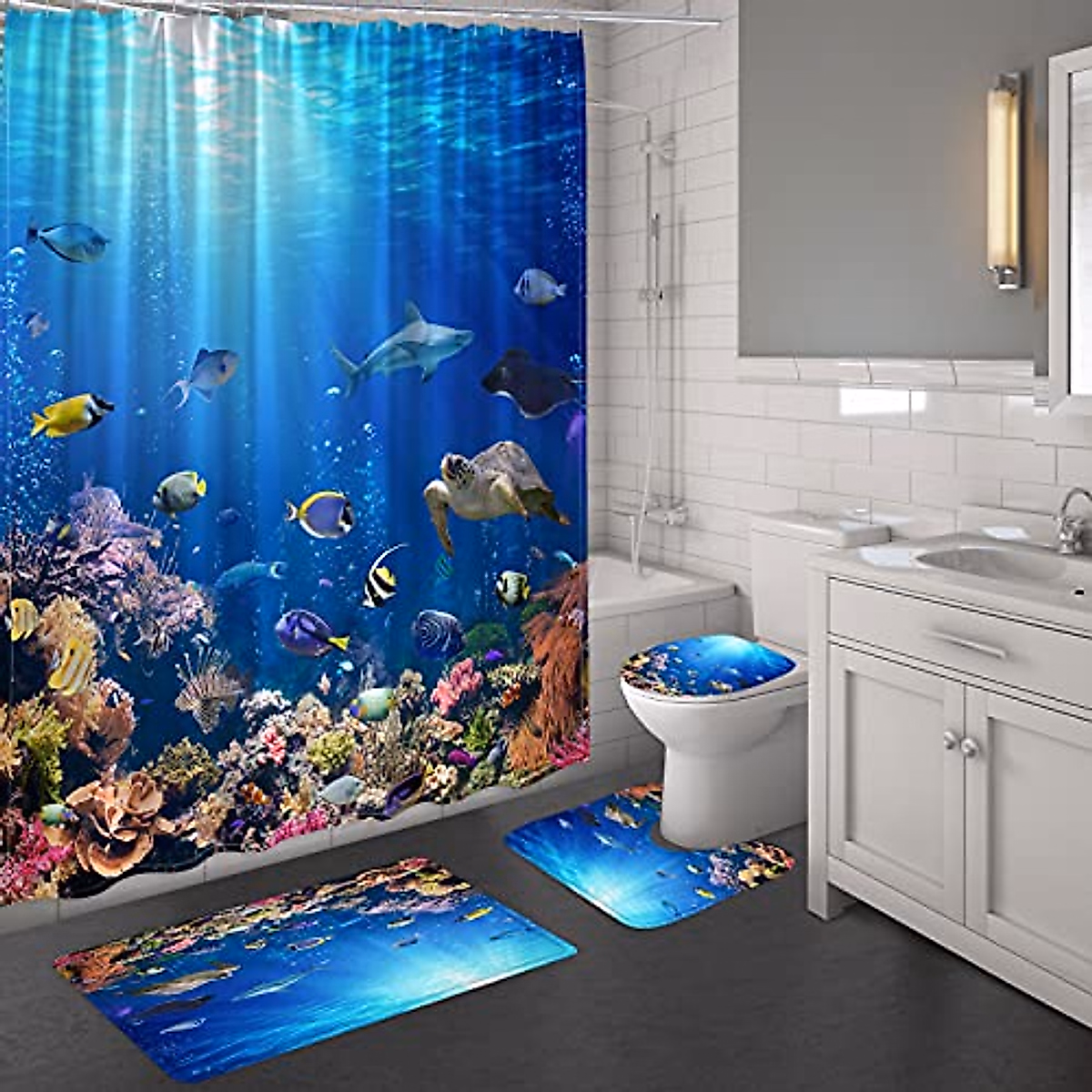 MitoVilla Tropical Ocean Shower Curtain Set with Bathroom Rugs and Mats, Blue Underwater Seascape of Coral Reef and Fish Sea Turtle and Shark Bathroom Sets with Shower Curtain and Rugs and Accessories