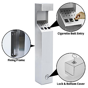 AIWFL Wall Mounted Trash Can Large Capacity Garbage Can Stainless Steel Ash Bin Outdoor Rainproof Trash Container 3.15x19.2 inch (Square, Silver)